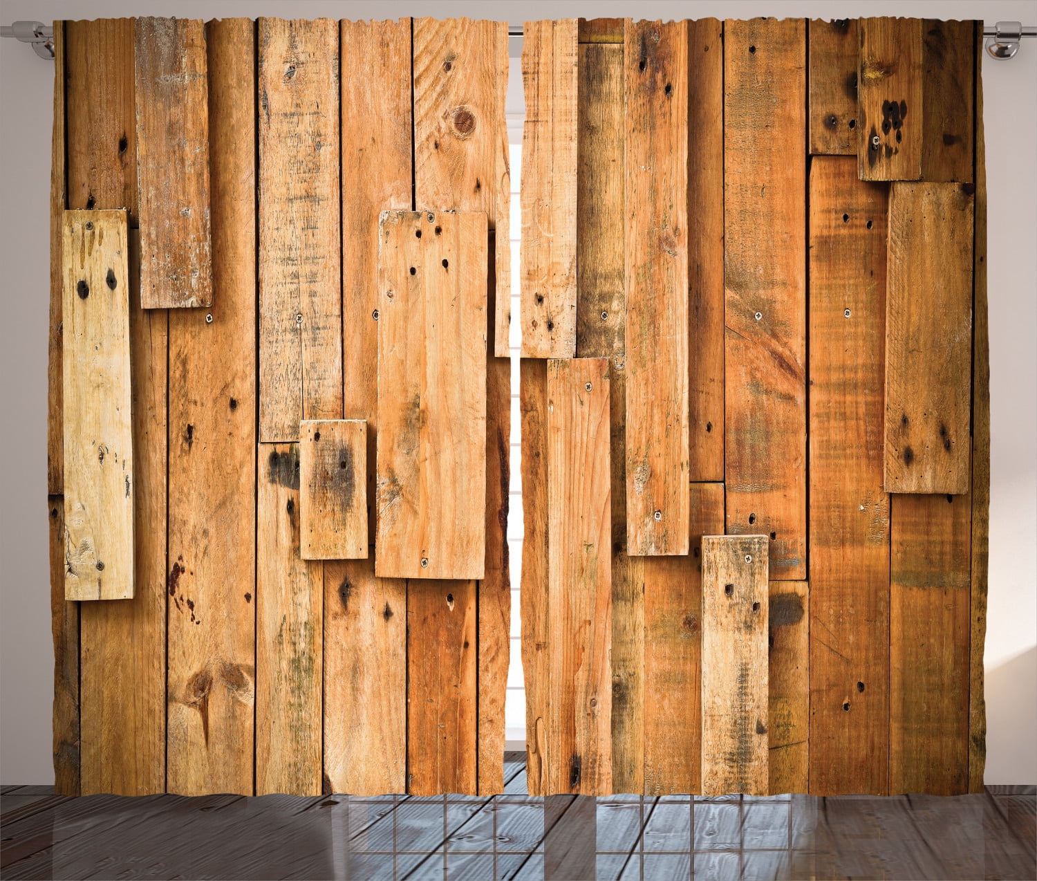 Ambesonne Wooden Print Curtains 2 Panel Set, Lodge Wall Planks, 108" x ...