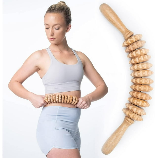 Wooden Curved Massager Handheld Roller Stick, 12 Rollers Trigger Point ...