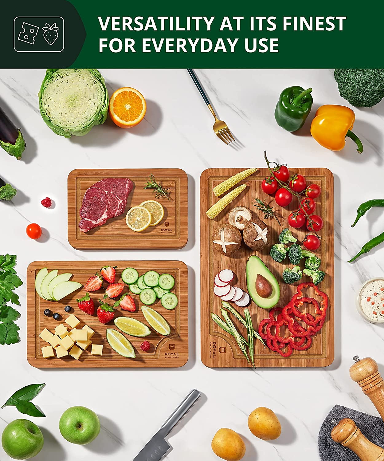 Wooden Cutting Boards for Kitchen Meal Prep & Serving - Bamboo Wood Serving Board Set with Deep ...