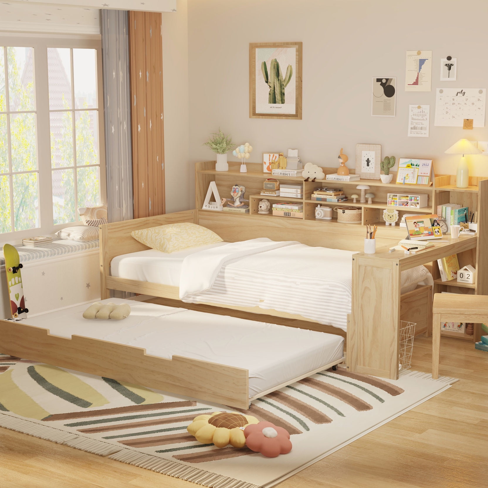Wooden Daybed with Study Desk and Trundle / Optimize Bedroom for Sleep ...