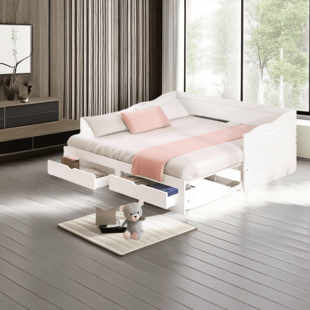 Wooden Daybed with Trundle Bed and Two Storage Drawers, Extendable Bed ...