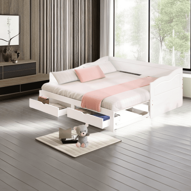 Wooden Daybed with Trundle Bed and Two Storage Drawers, Extendable Bed ...