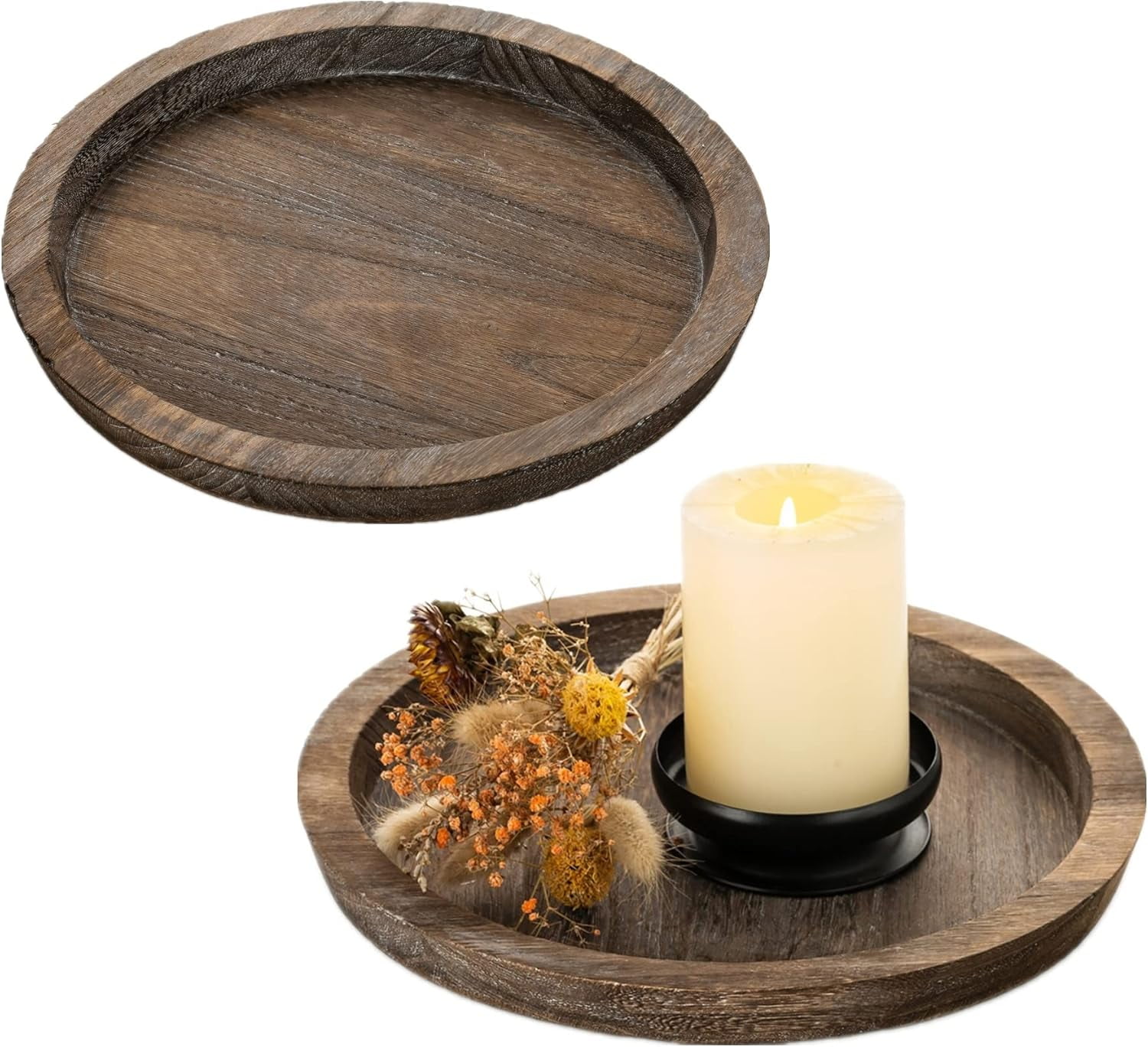 Wooden Decorative Tray Candle Holder: Round Wood Tray Home Decor ...