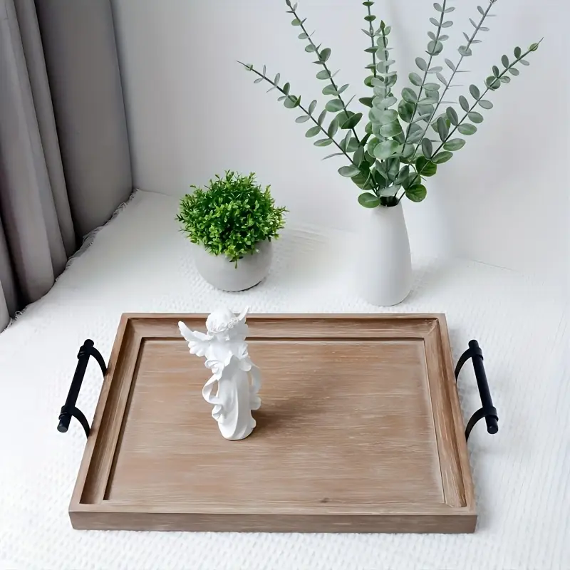 Wooden Decorative Tray for Coffee Table, Wood Serving Tray with Metal ...