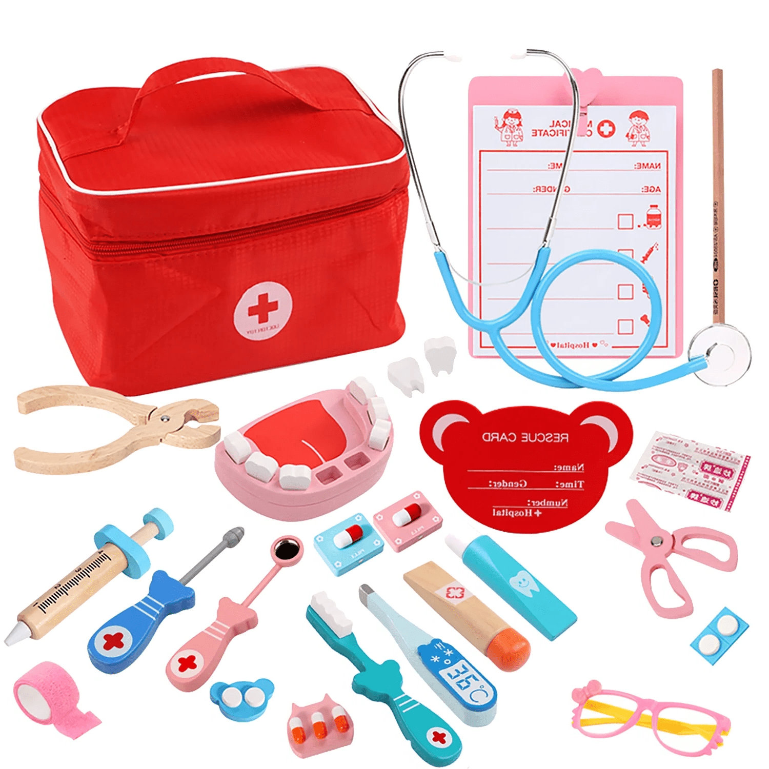 Wooden Dentist Kit for Kids, Toy Medical Kit with Stethoscope & Medical ...