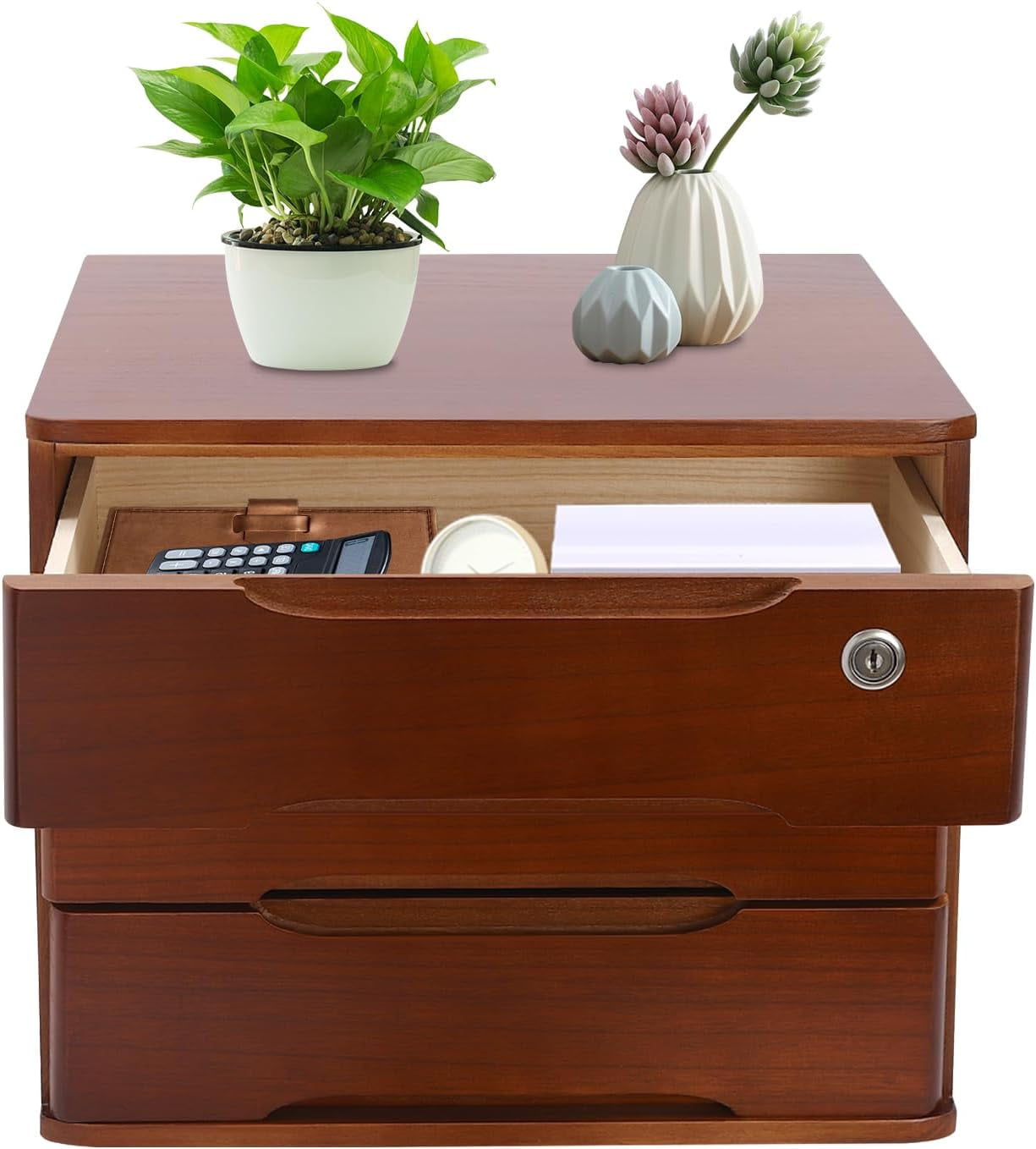 Wooden Desk Organizer with Drawers and Lock, Desktop Storage Cabinet ...