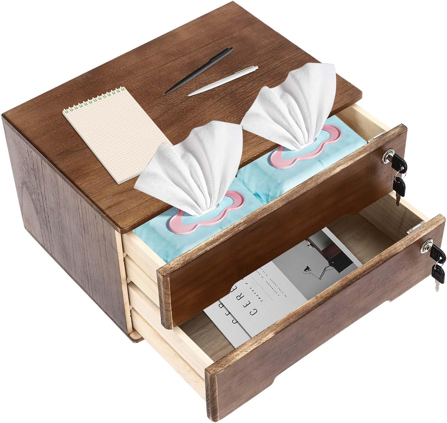 Wooden Desk Organizer with Lockable Drawers, 2-Tier Countertop Storage ...