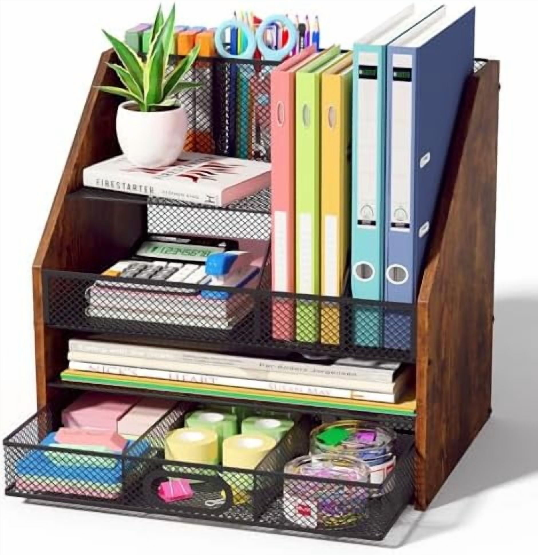 Wooden Desk Organizer - Mesh File Organizer with Drawers and Holder - 4 ...