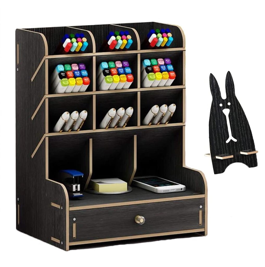 Wooden Desk Organizer, Multi-Functional Supply Storage Rack with Drawer ...