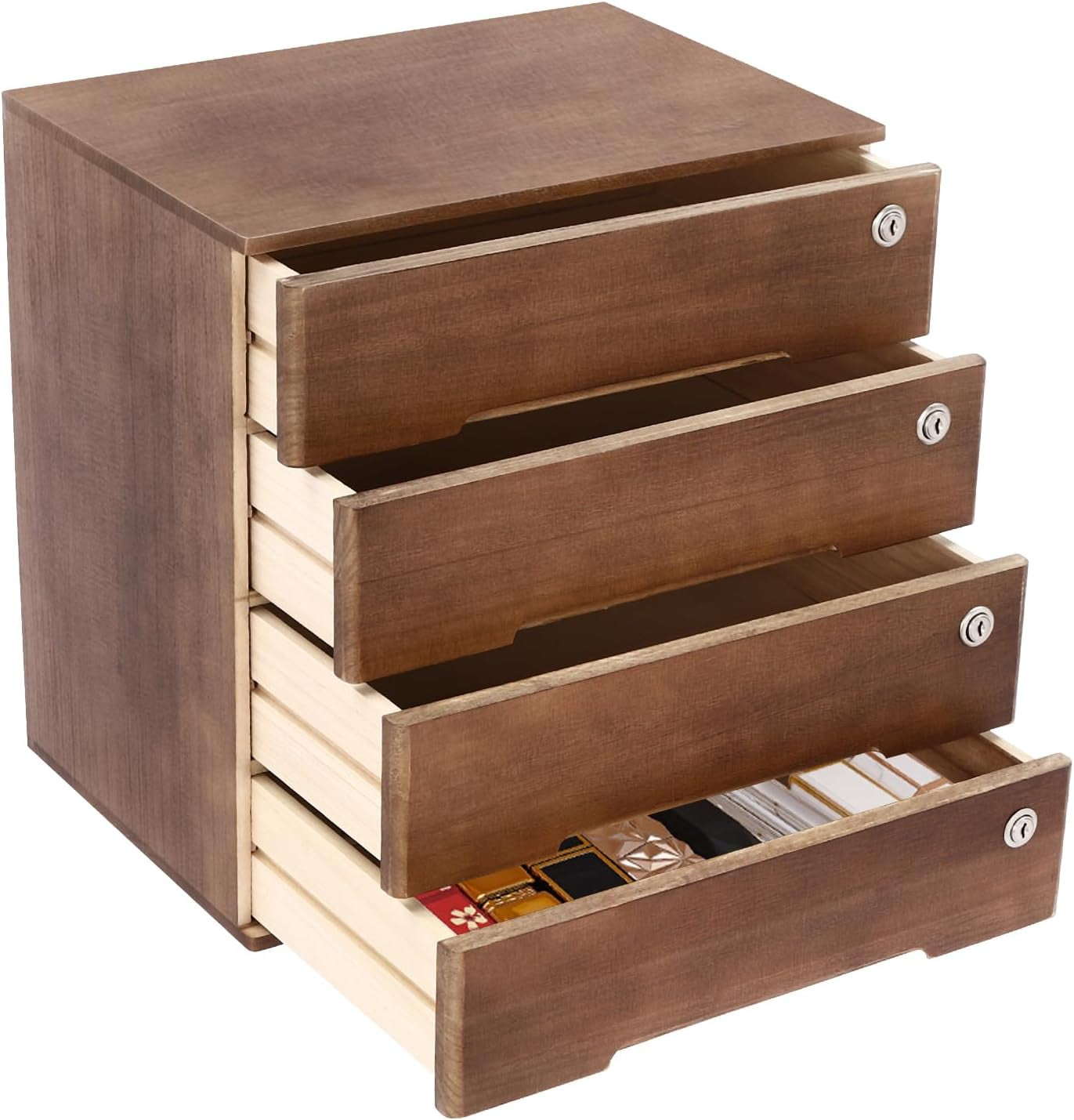 Wooden Desktop Drawer Organizer, 4 Lockable Drawers Cabinet Countertop ...