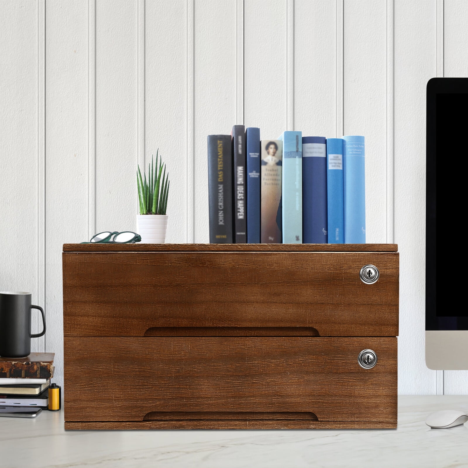 Wooden Desktop Jewelry Drawer Storage Box Table Cabinet Holder ...