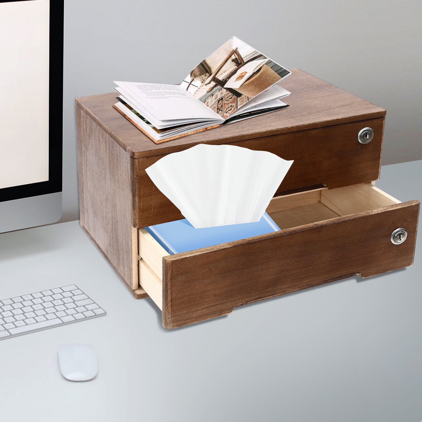 Wooden Desktop Jewelry Drawer Storage Box Table Cabinet Holder ...