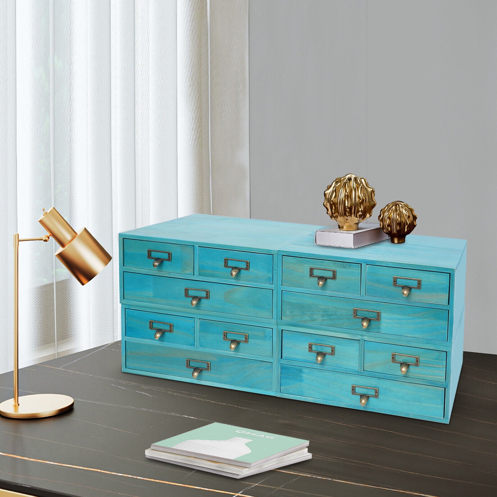 Wooden Desktop Organizer, Wooden Storage 3 Drawers for Tabletop Blue ...