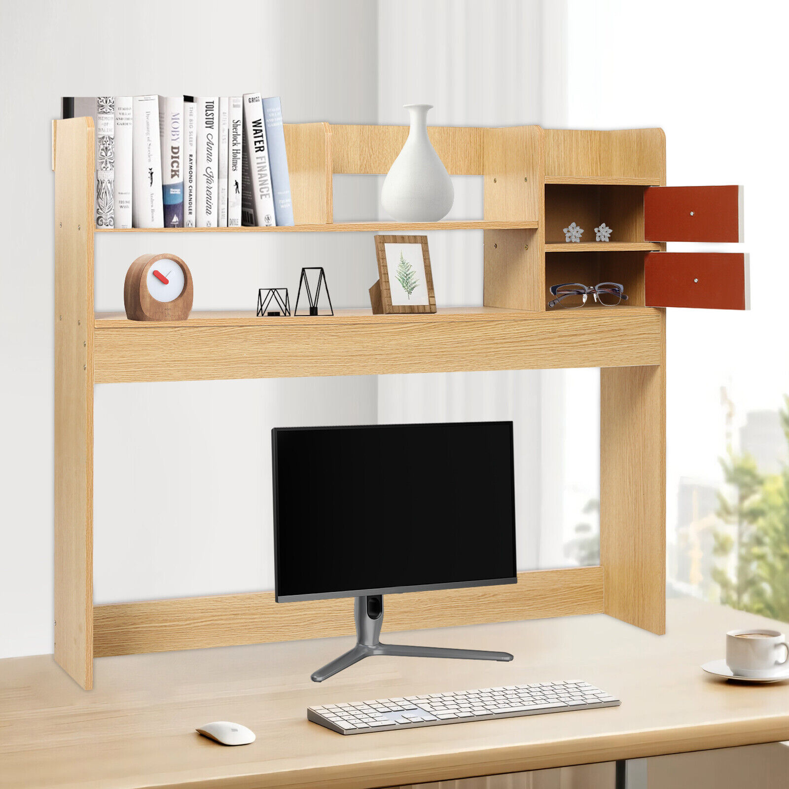 Wooden Desktop Shelf Organizer, Office Dorm Desk Bookshelf Storage ...