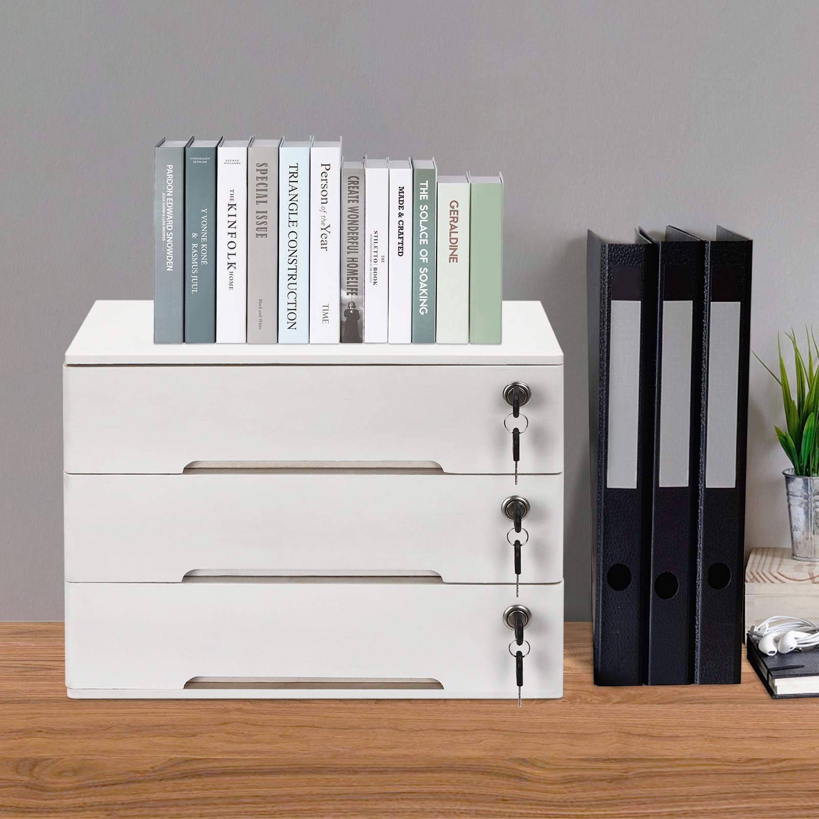 Wooden Desktop Storage Box, Lockable 3-Drawer Organizer with Curved ...