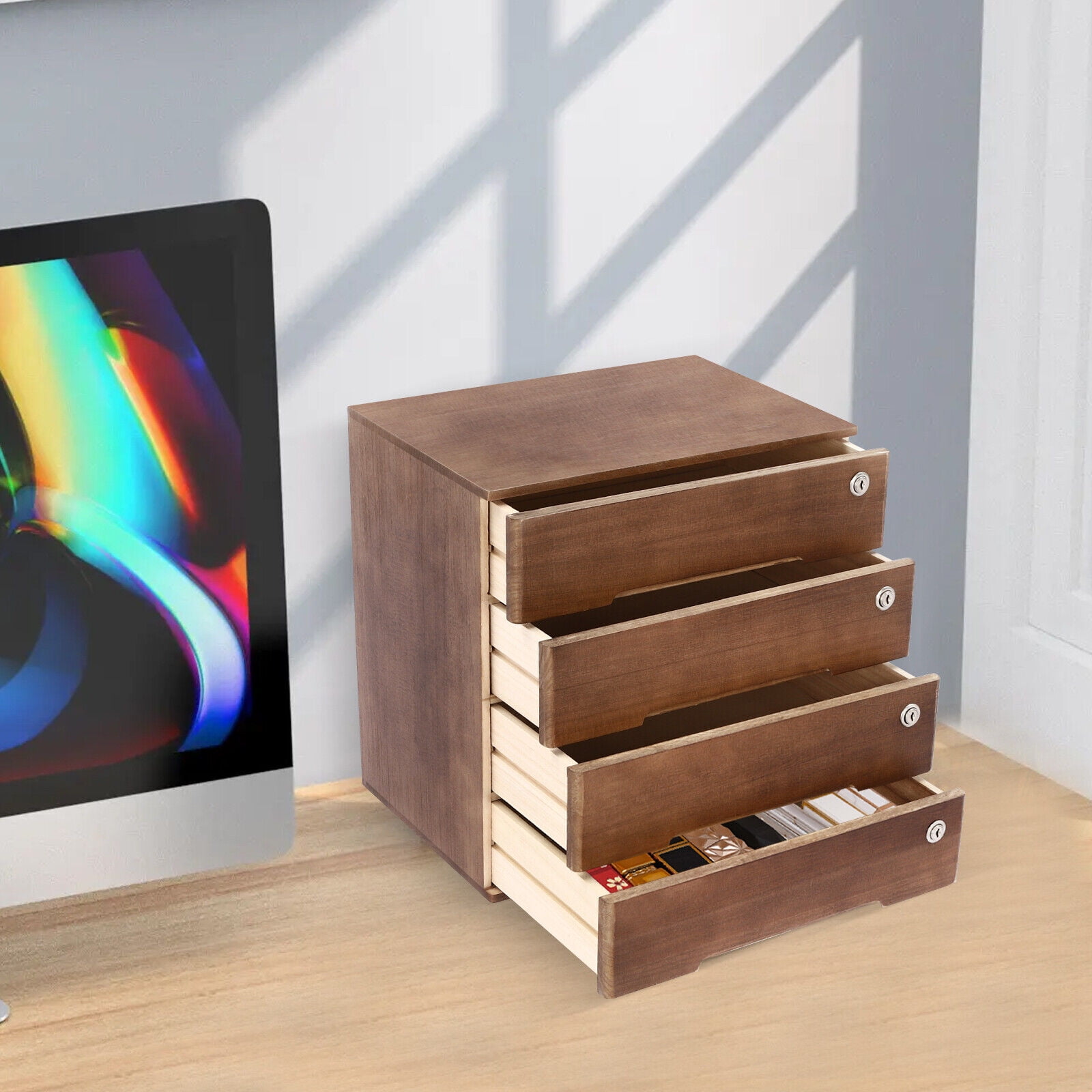 Wooden Desktop Storage Box with Lockable Drawers, Office Supplies File ...