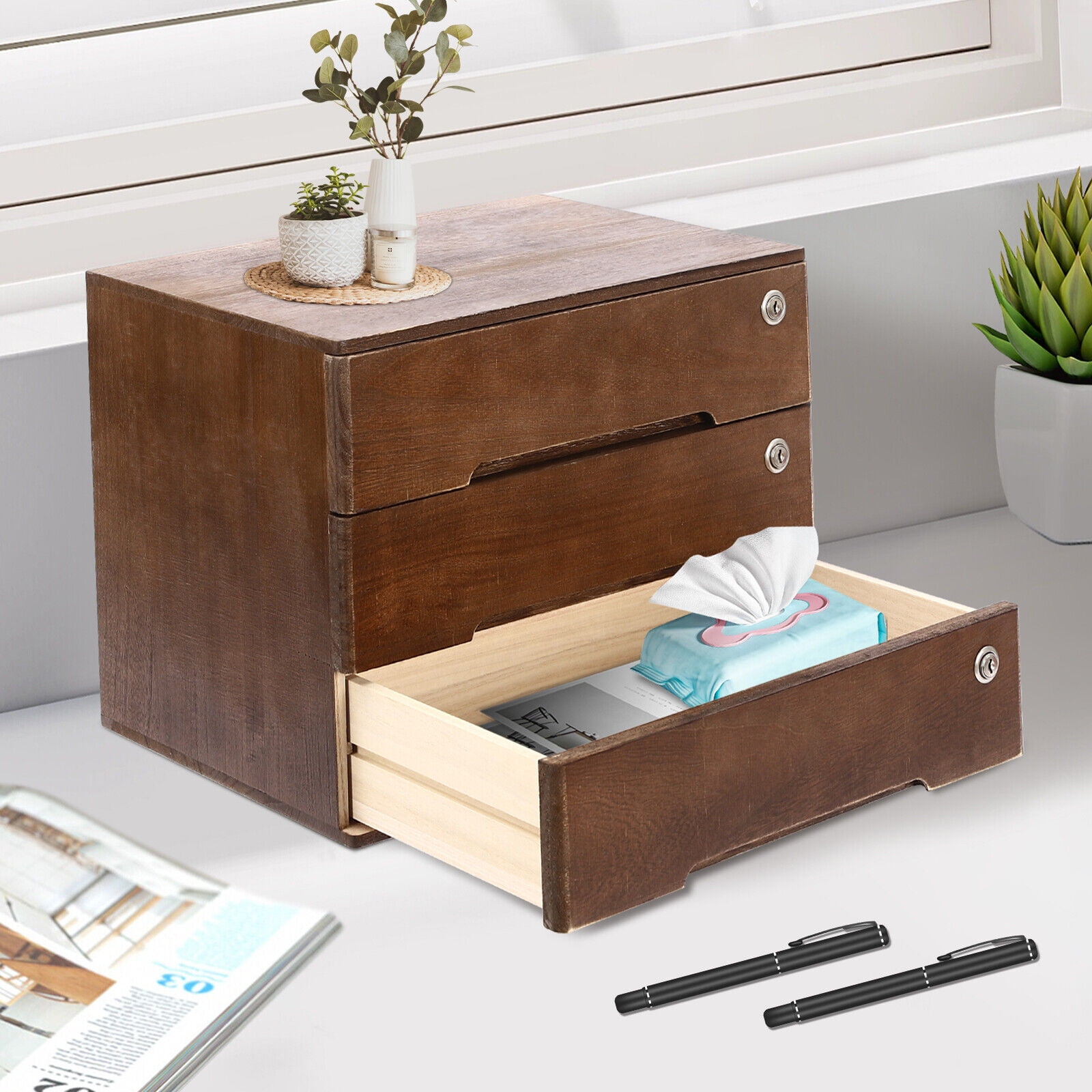 Wooden Desktop Storage Box with Lockable Drawers, Office Supplies File ...