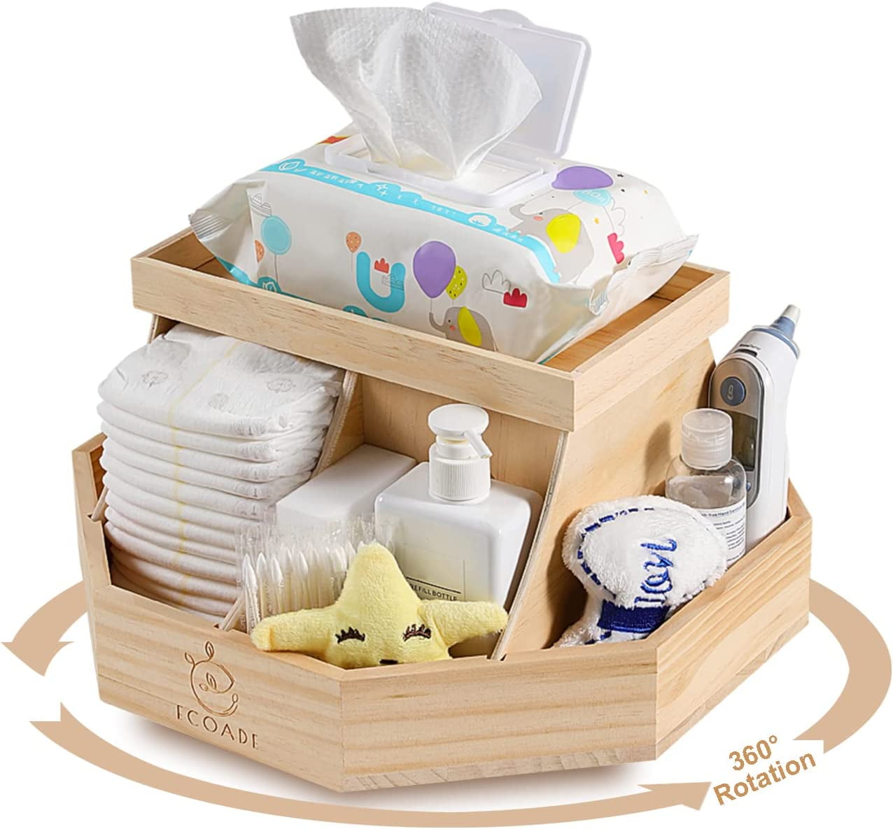 Wooden Diaper Caddy Organizer - 360 Degrees Rotating Caddy with ...