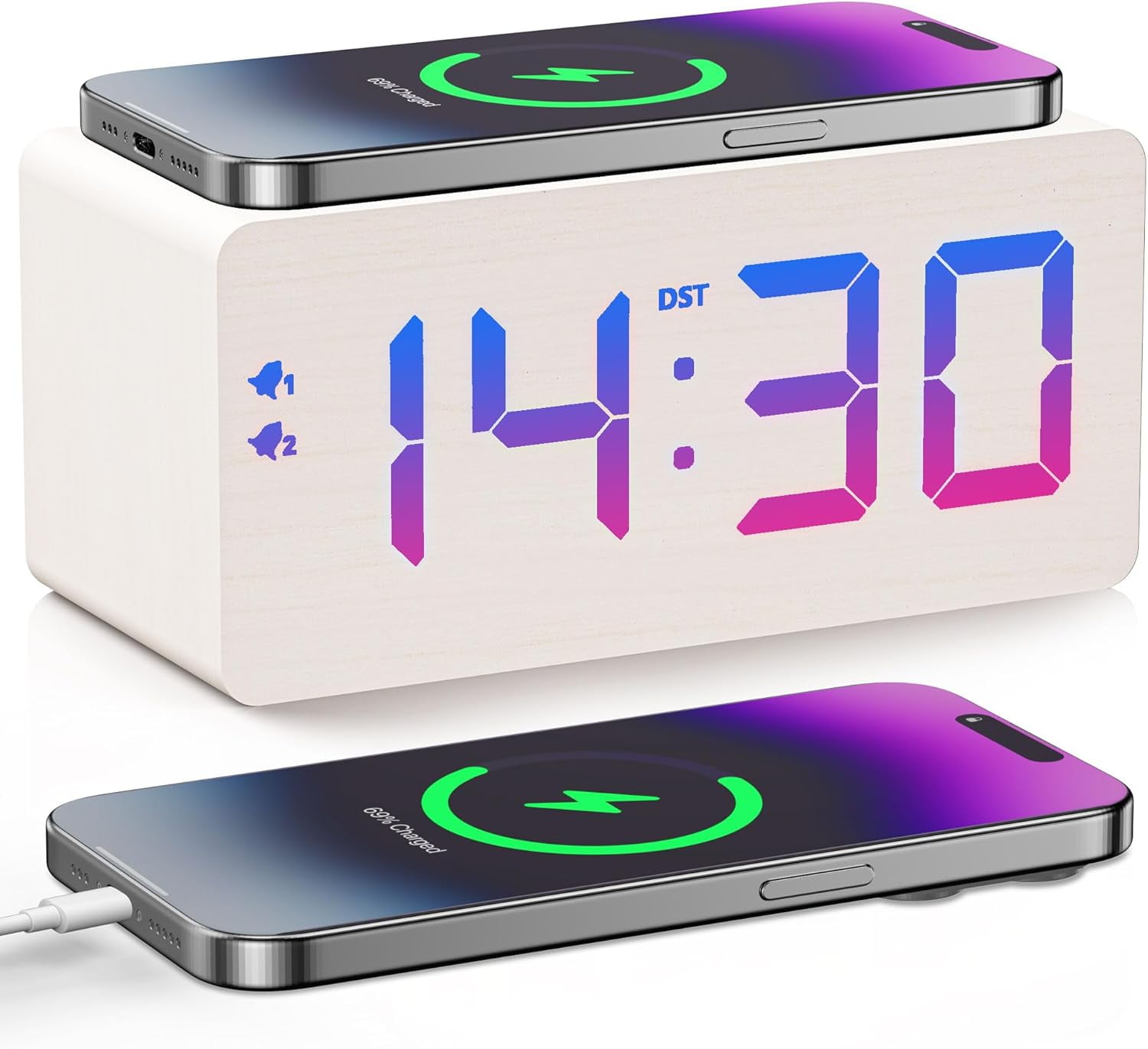 Wooden Digital Alarm Clock, 10W Fast Wireless Charger Station & 2 Usb Charging Ports, With 0~100 ...