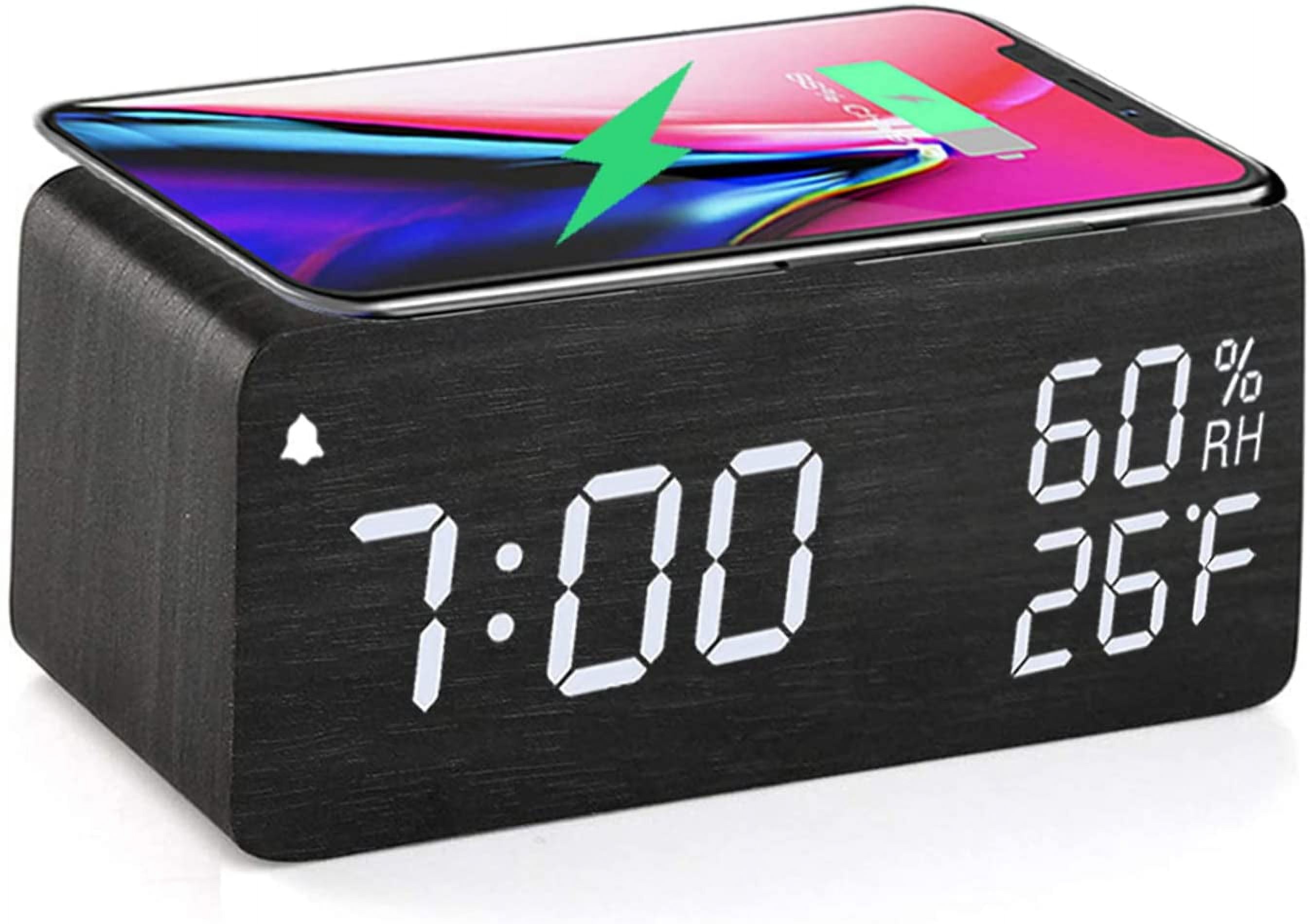 Wooden Digital Alarm Clock, Fast Wireless Charger Station, Dual Alarm ...