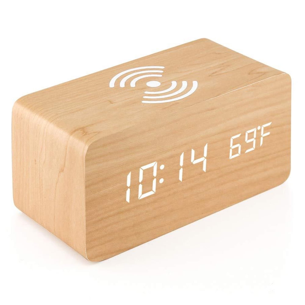 Wooden Digital Alarm Clock , Fast Wireless Charger Station , Sleep ...