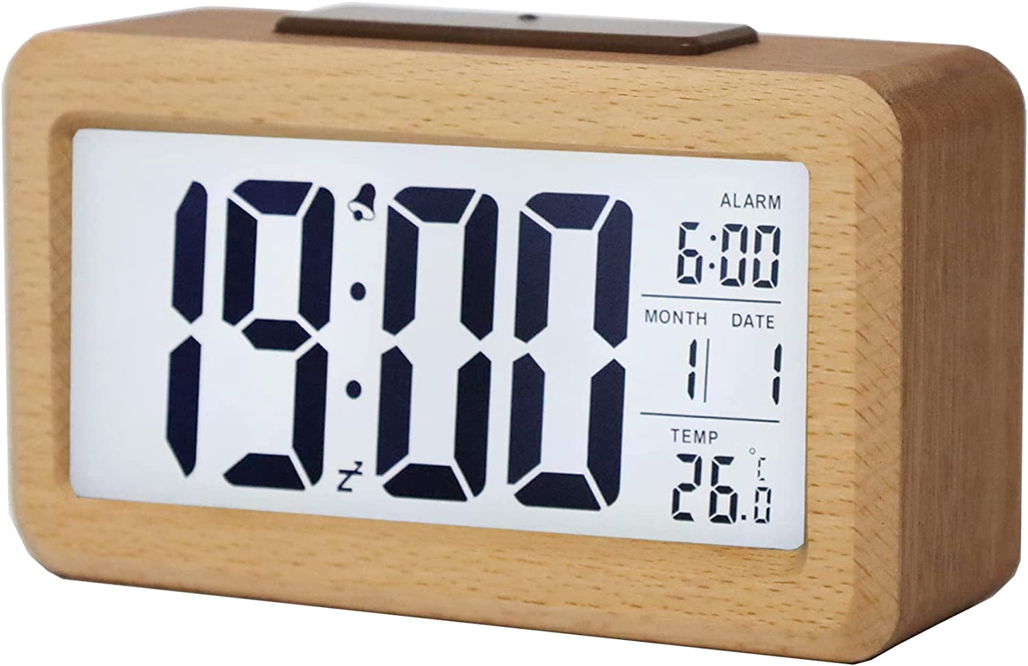 Wooden Digital Alarm Clock, Large LED Display, Smart Sensor Night Light ...
