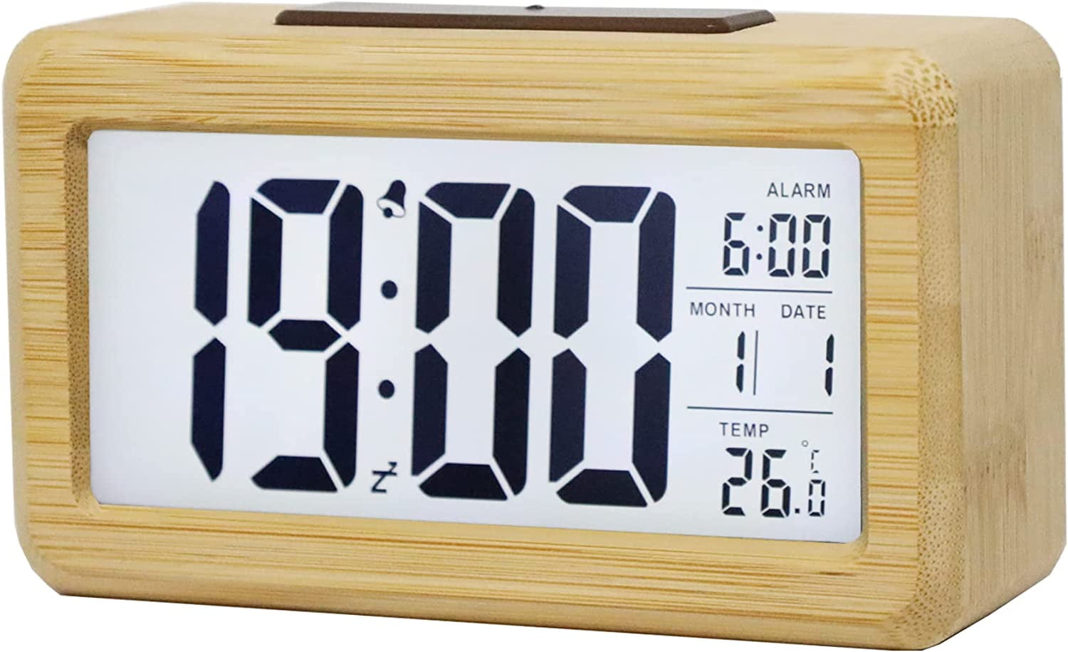 Wooden Digital Alarm Clock, Large LED Display, Smart Sensor Night Light ...