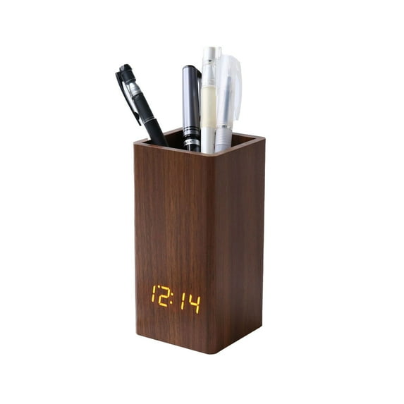 Wooden Digital Alarm Clock With Pen Holder - Time Temperature Date ...