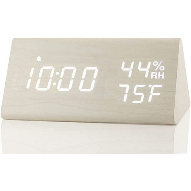 Wooden Digital Alarm Clock with LED Display, Temperature & Humidity, 3 ...