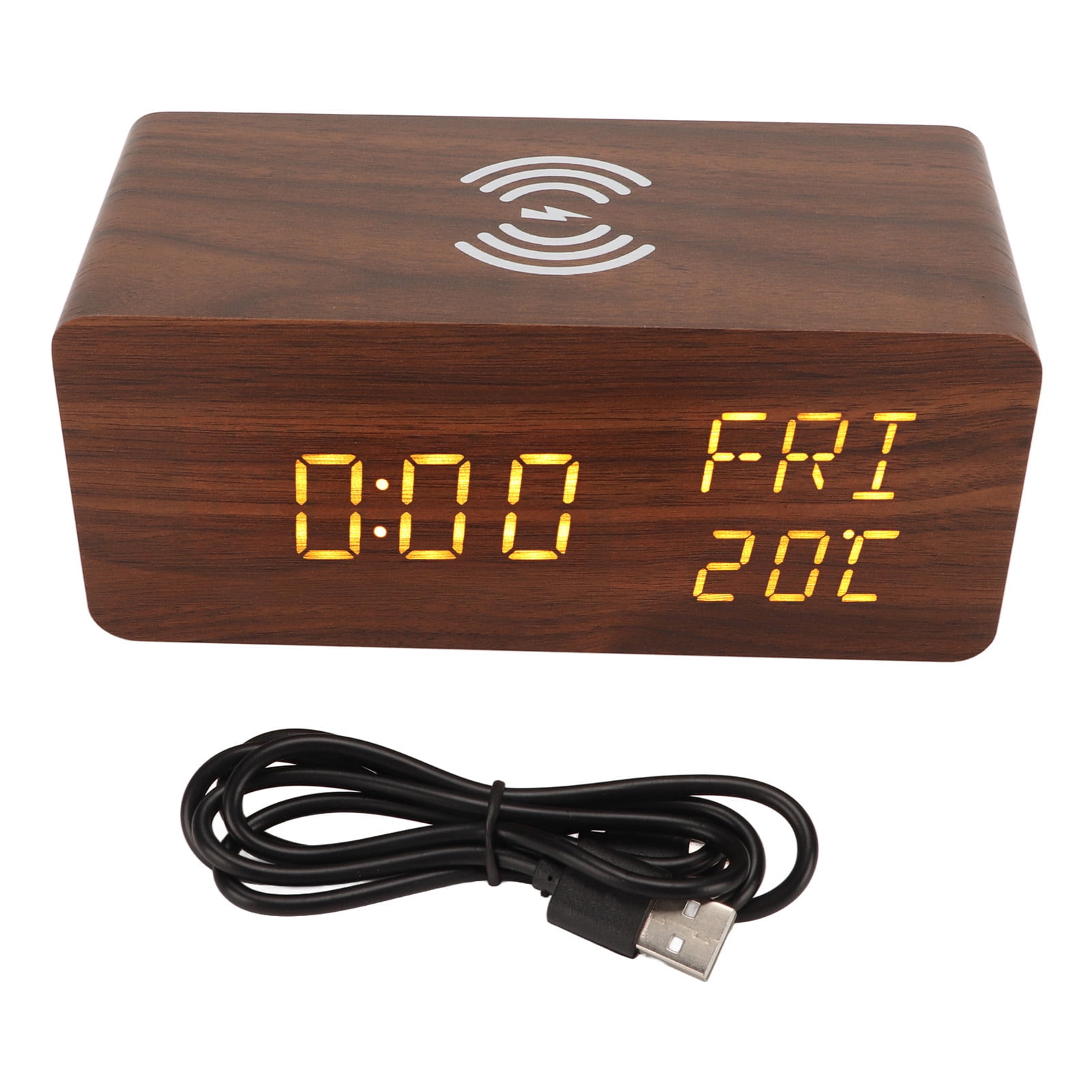 Wooden Digital Alarm Clock Yellow LED Display Adjustable Dimmer Weekday ...