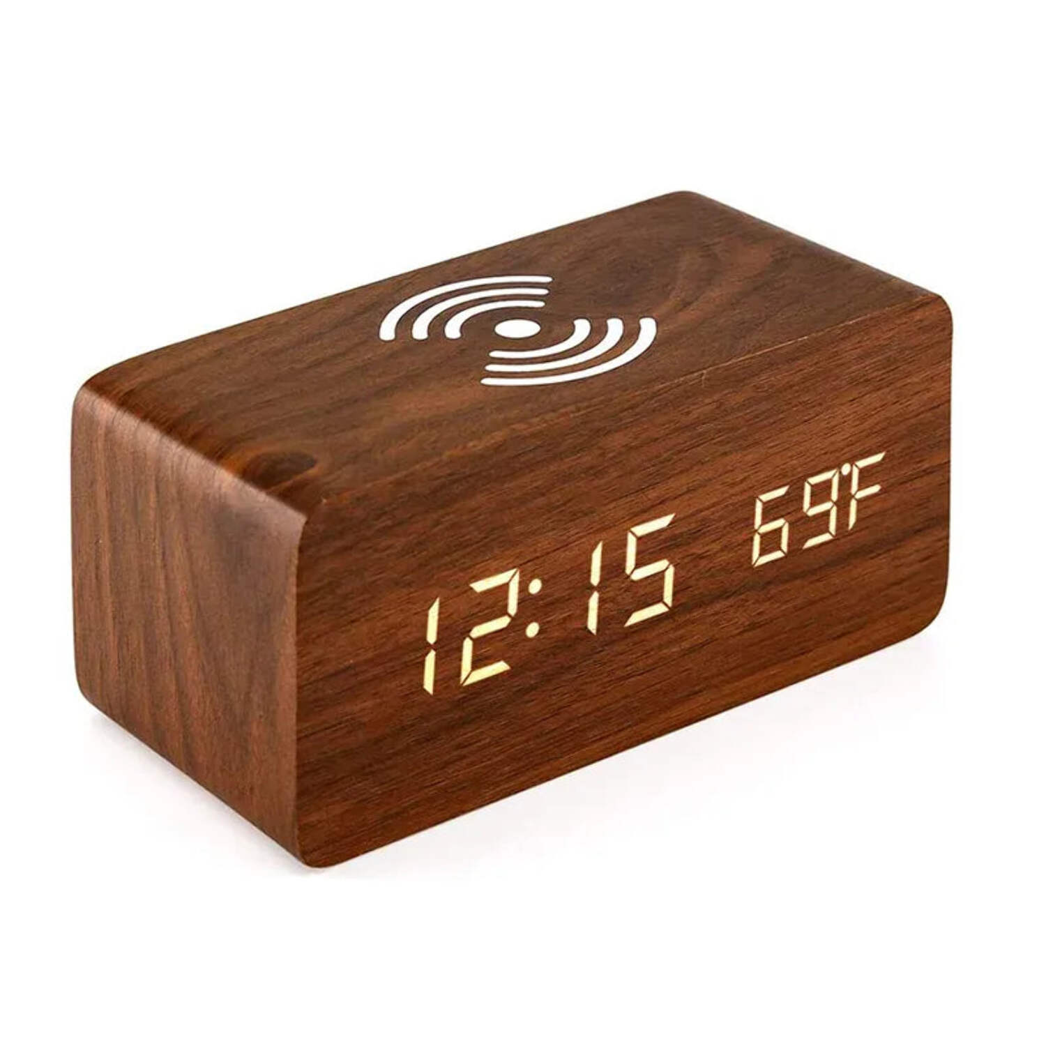 Wooden Digital Alarm Clock with Wireless Charging, LED Clock with Time ...