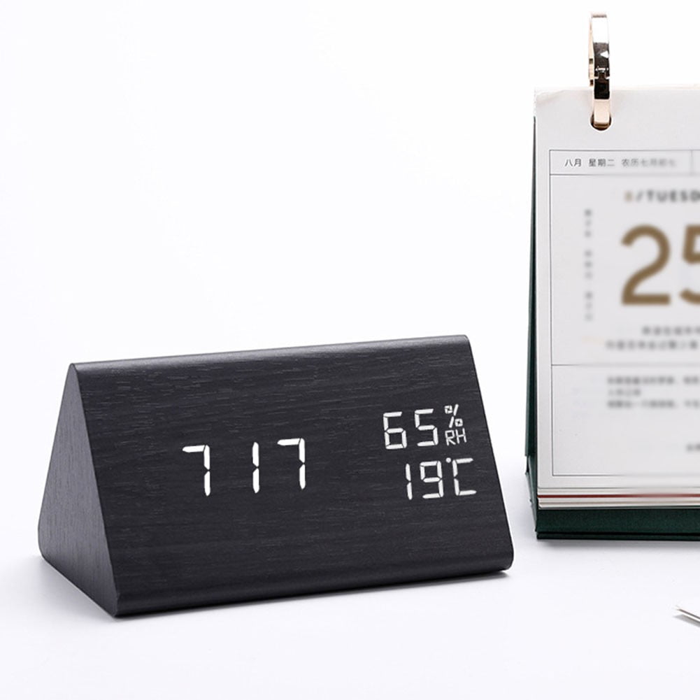 Wooden Digital Clock LED Triangular Electronic Clock Temperature And ...