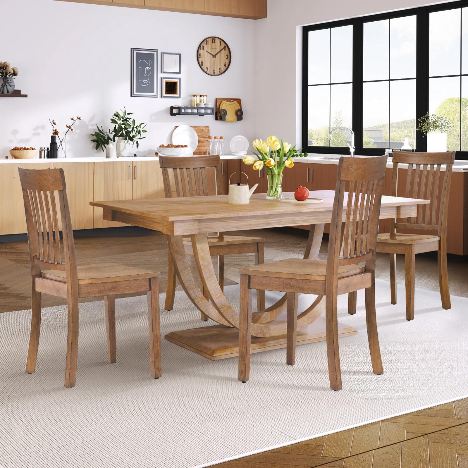 Wooden Dining Chairs Set of 4, Spindle High Back Windsor Kitchen Side ...
