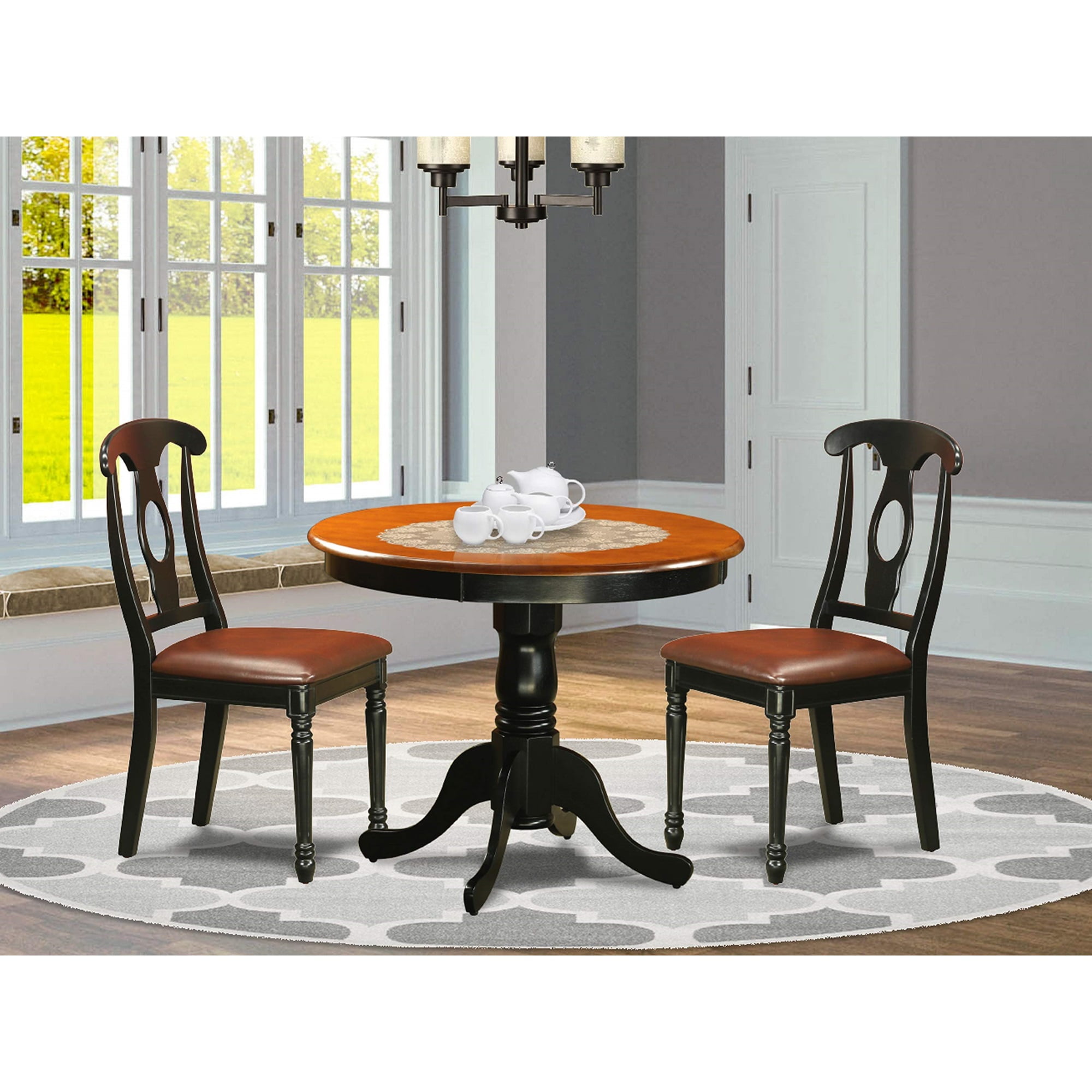 Wooden Dining Set with Faux Leather Seats - 2 Chairs & Centerpiece ...