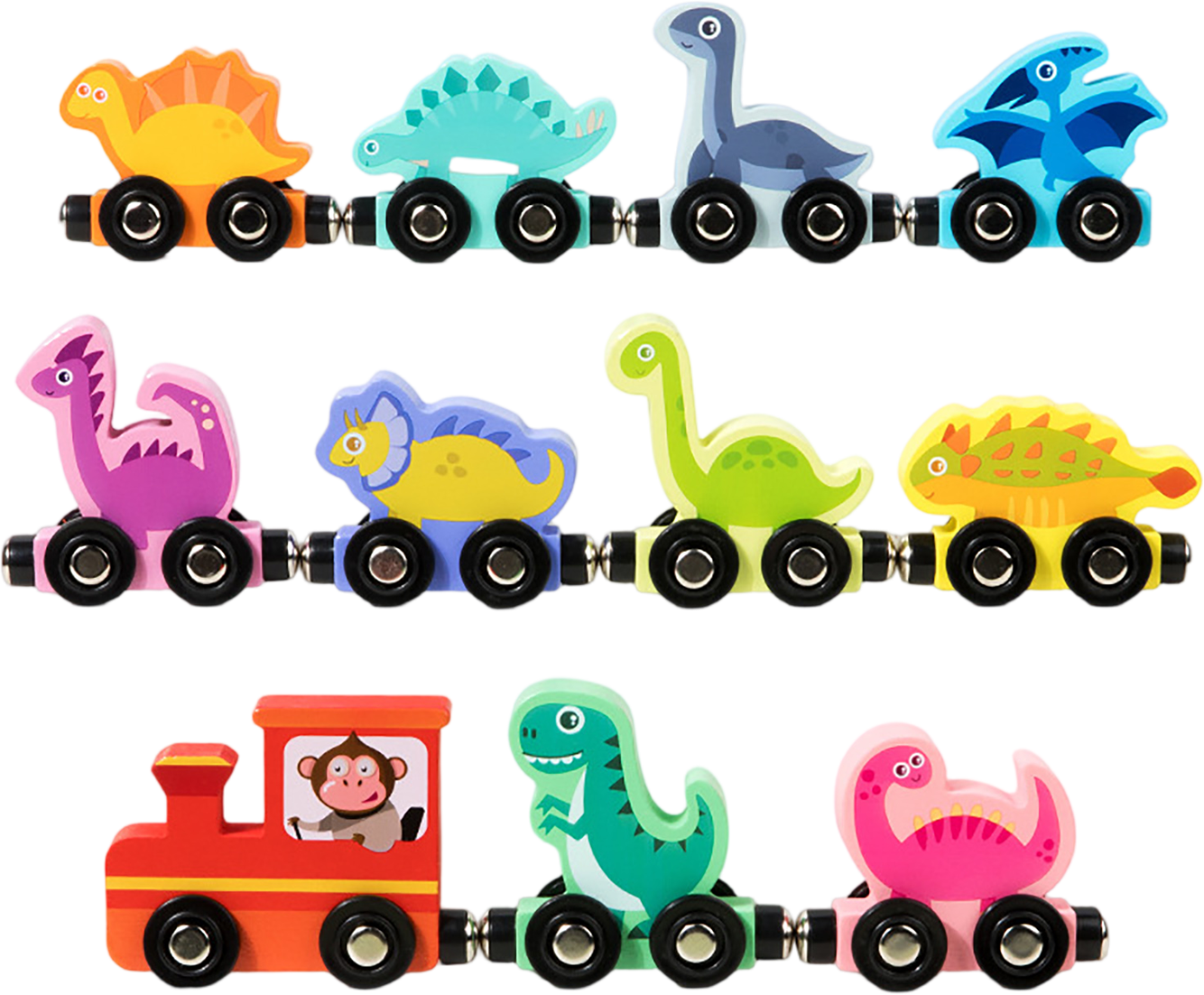 Wooden Dinosaur Train Set for Kids Colorful Magnetic Toy Cars with ...