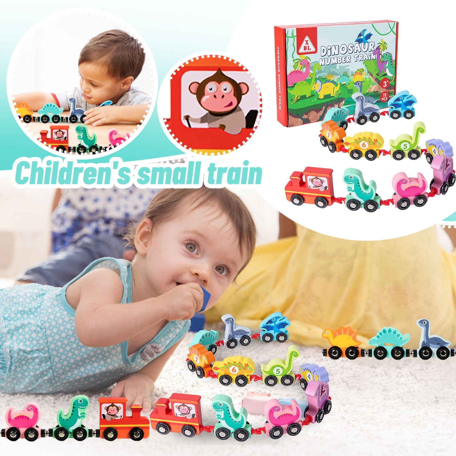 Wooden Dinosaur Train Set for Kids Colorful Magnetic Toy Cars with ...