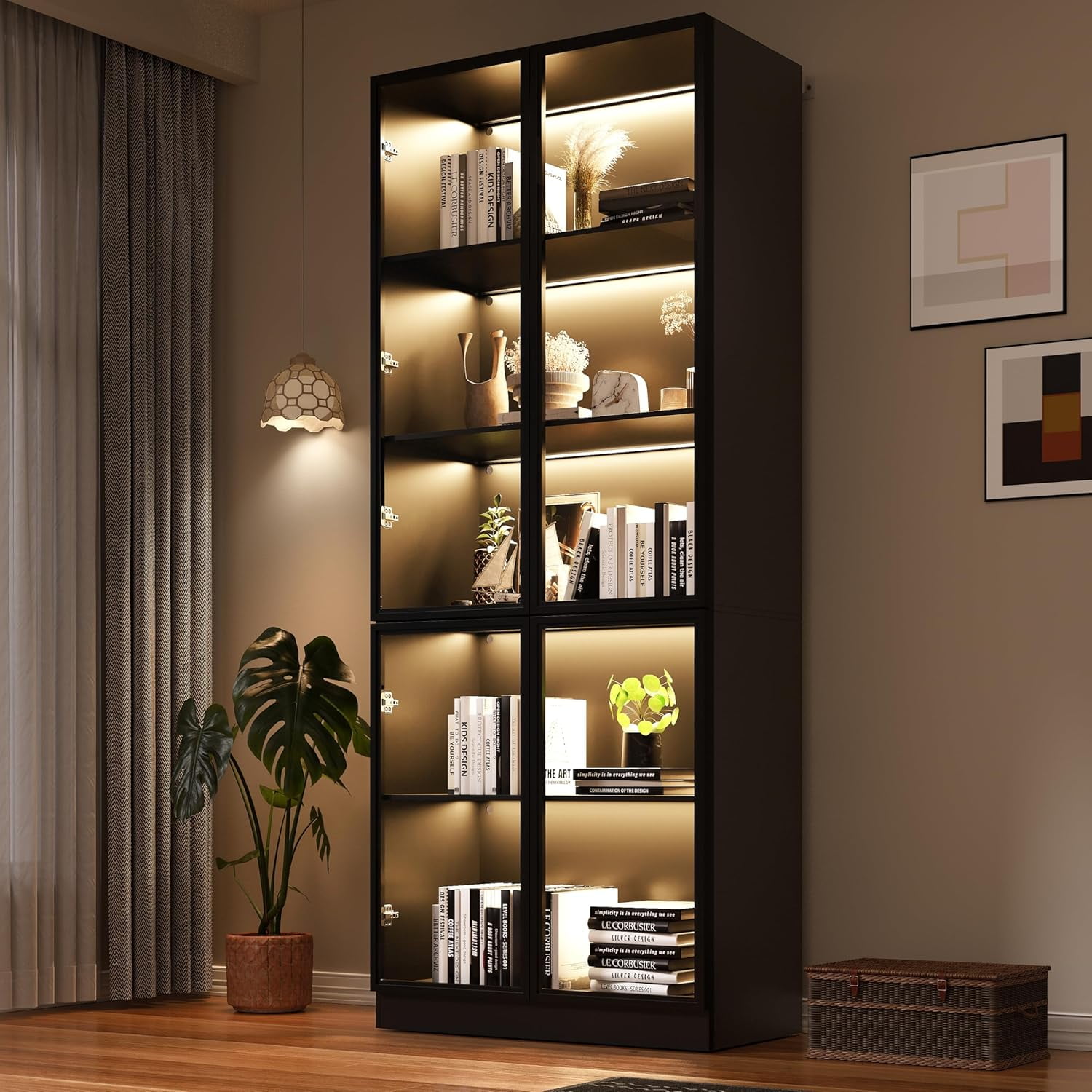 Wooden Display Storage Cabinet with Glass Door, LED Lights,Showcase for ...