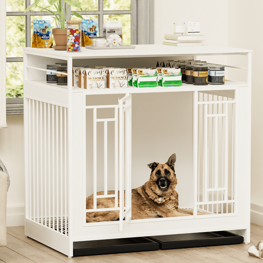 Wooden Dog Crate Divider Double Door Kennel Three Drawer Storage White ...