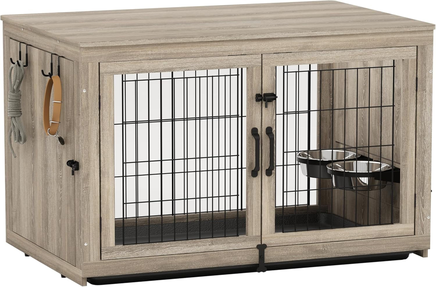 Wooden Dog Crate Furniture with 360°Rotatable Removable Dog Bowls, Dog ...