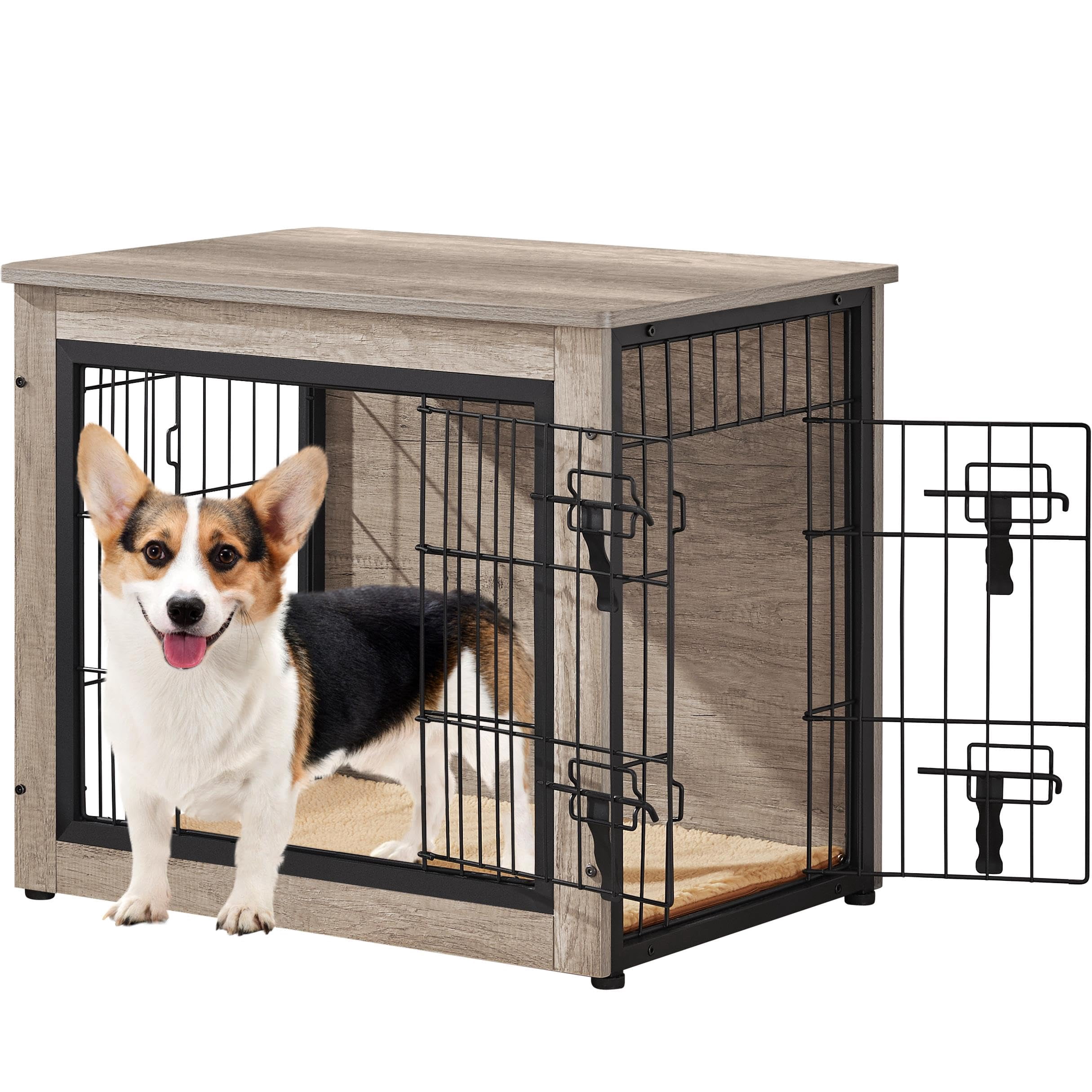 Wooden Dog Crate Furniture with Cushion, 27.5 Inch Double Door Pet ...