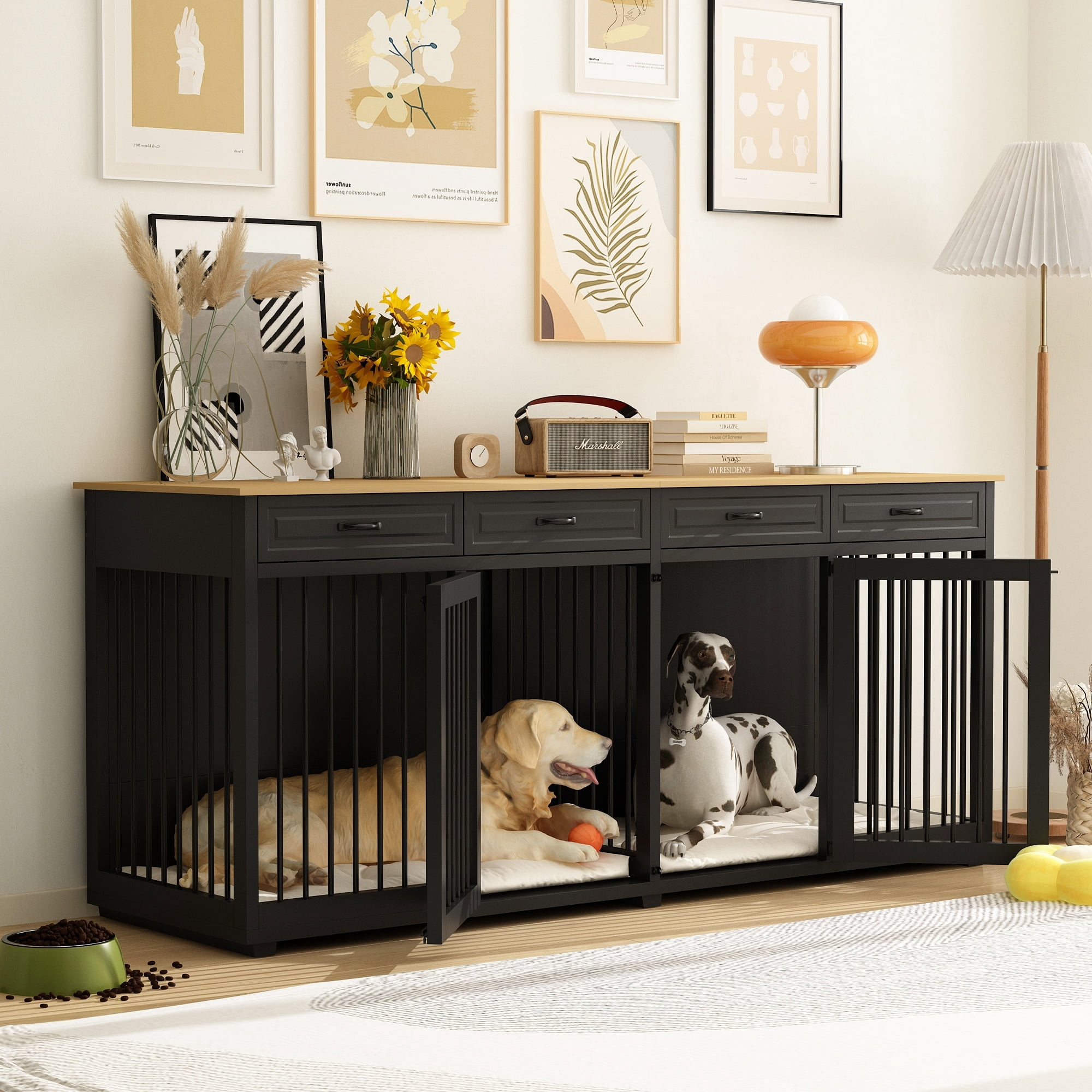 Wooden Dog Crate Kennel Furniture for 2 Dogs with Divider & Drawers ...