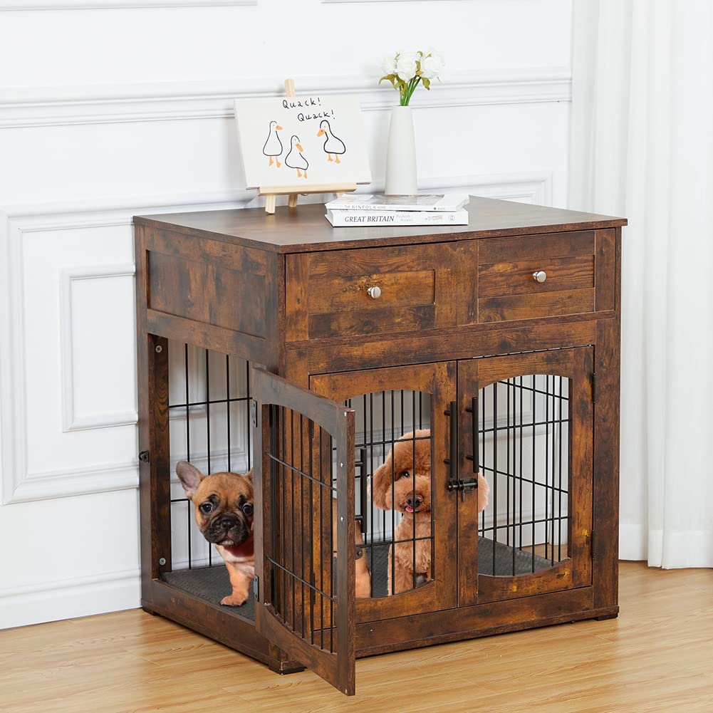 Wooden Dog Crate Table with 2 Drawers,Dog Crate Furniture with Cushion ...