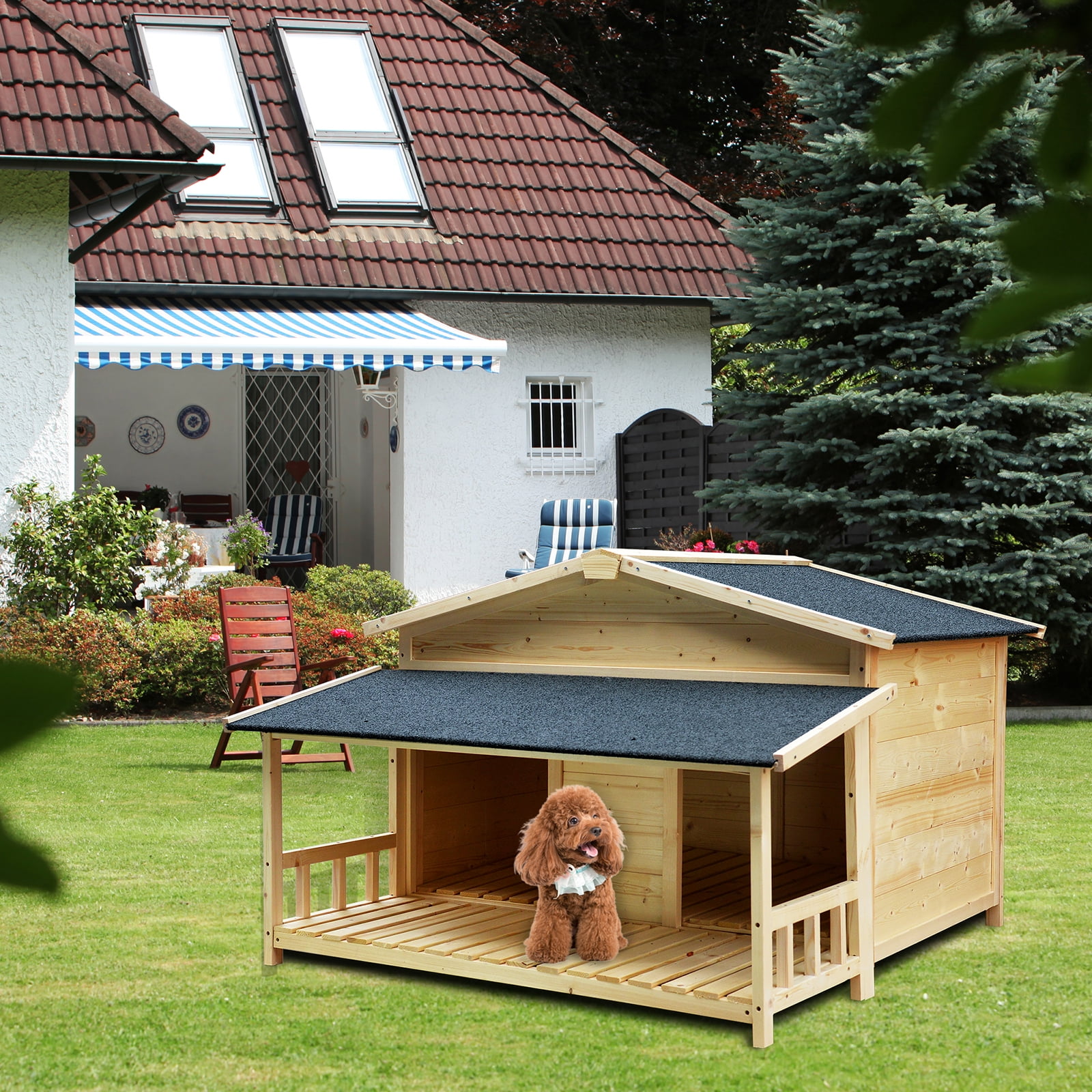 Wooden Dog House Outdoor, 47.2" Dog House Cabin Style, Dog Kennel with ...