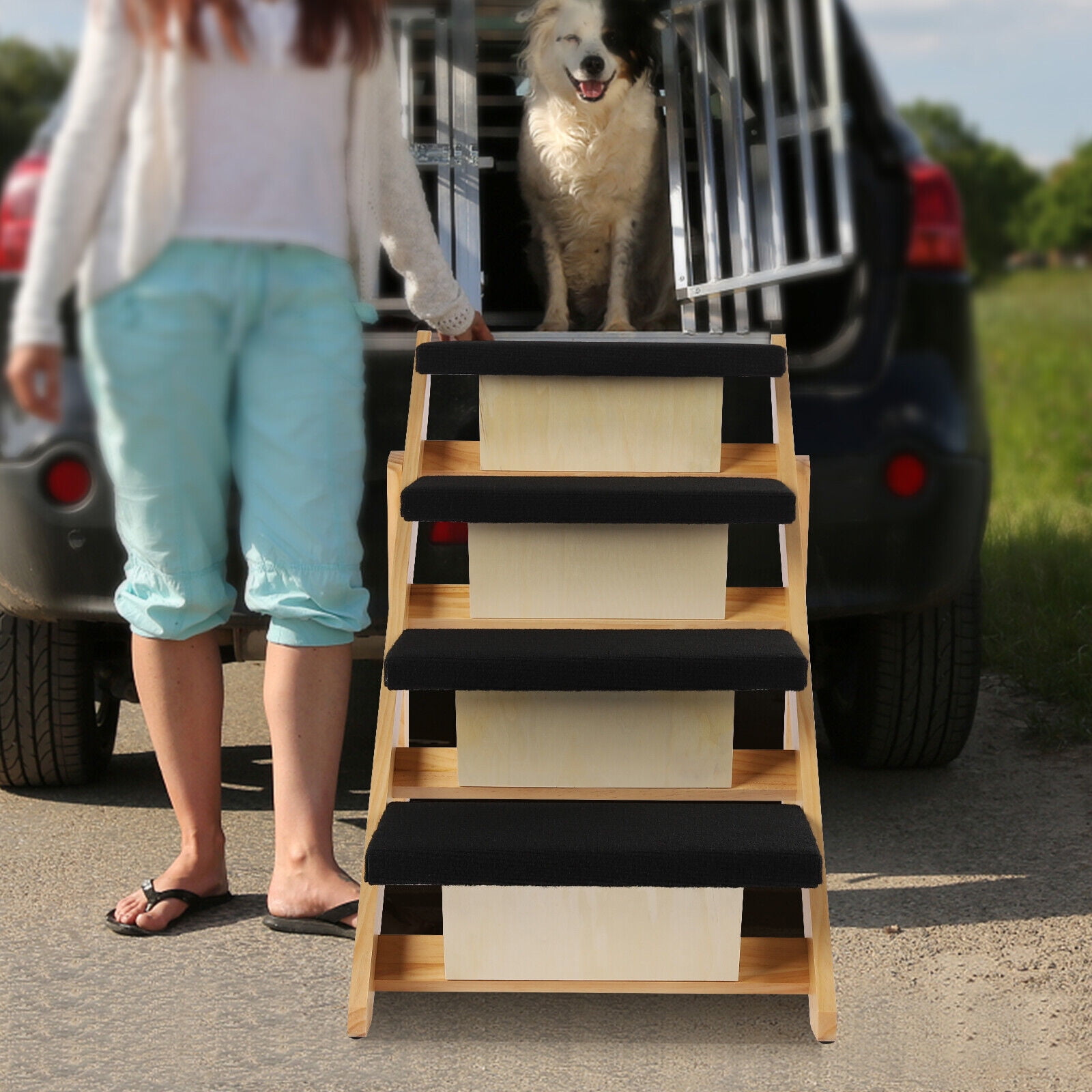 Wooden Dog Stairs, Dog Stairs for High Beds, Foldable 4 Levels Dog ...