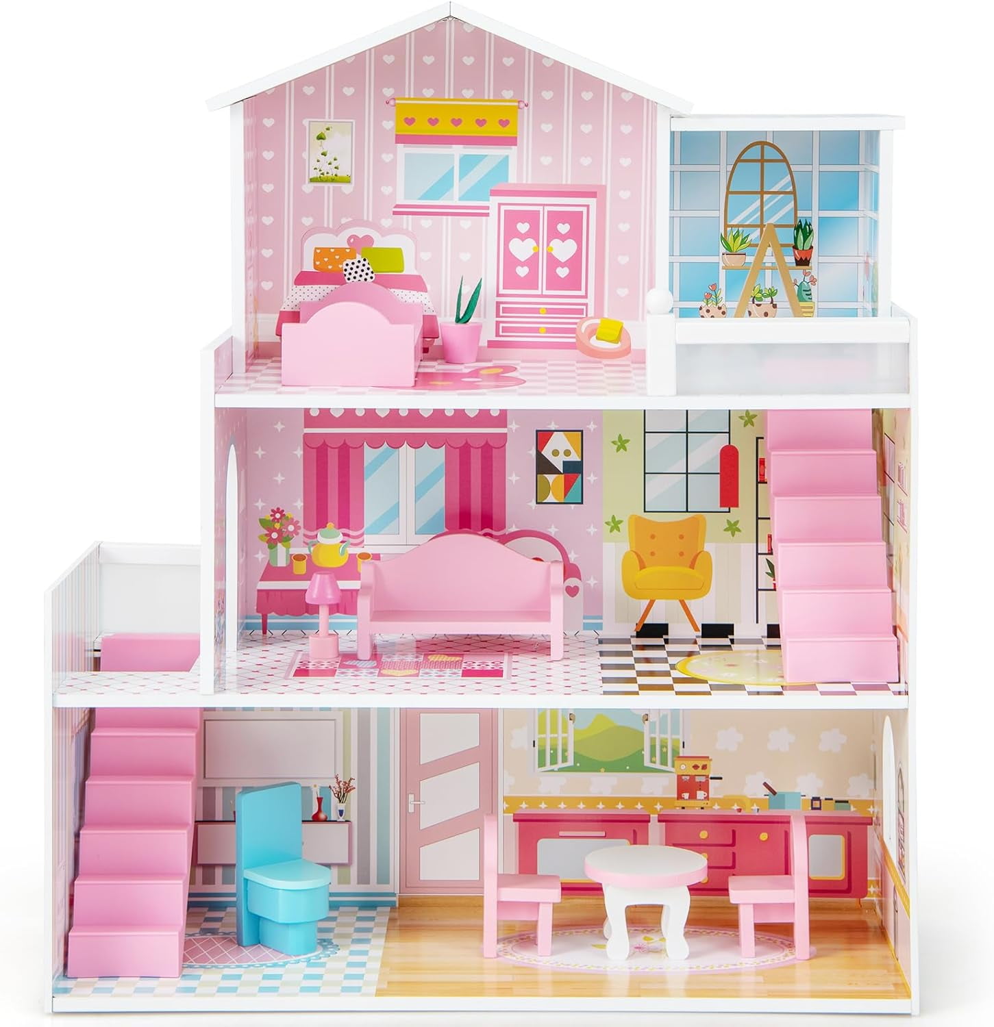 Wooden Dollhouse for Kids, 3-Story Semi-Open Doll House with 5 Rooms ...