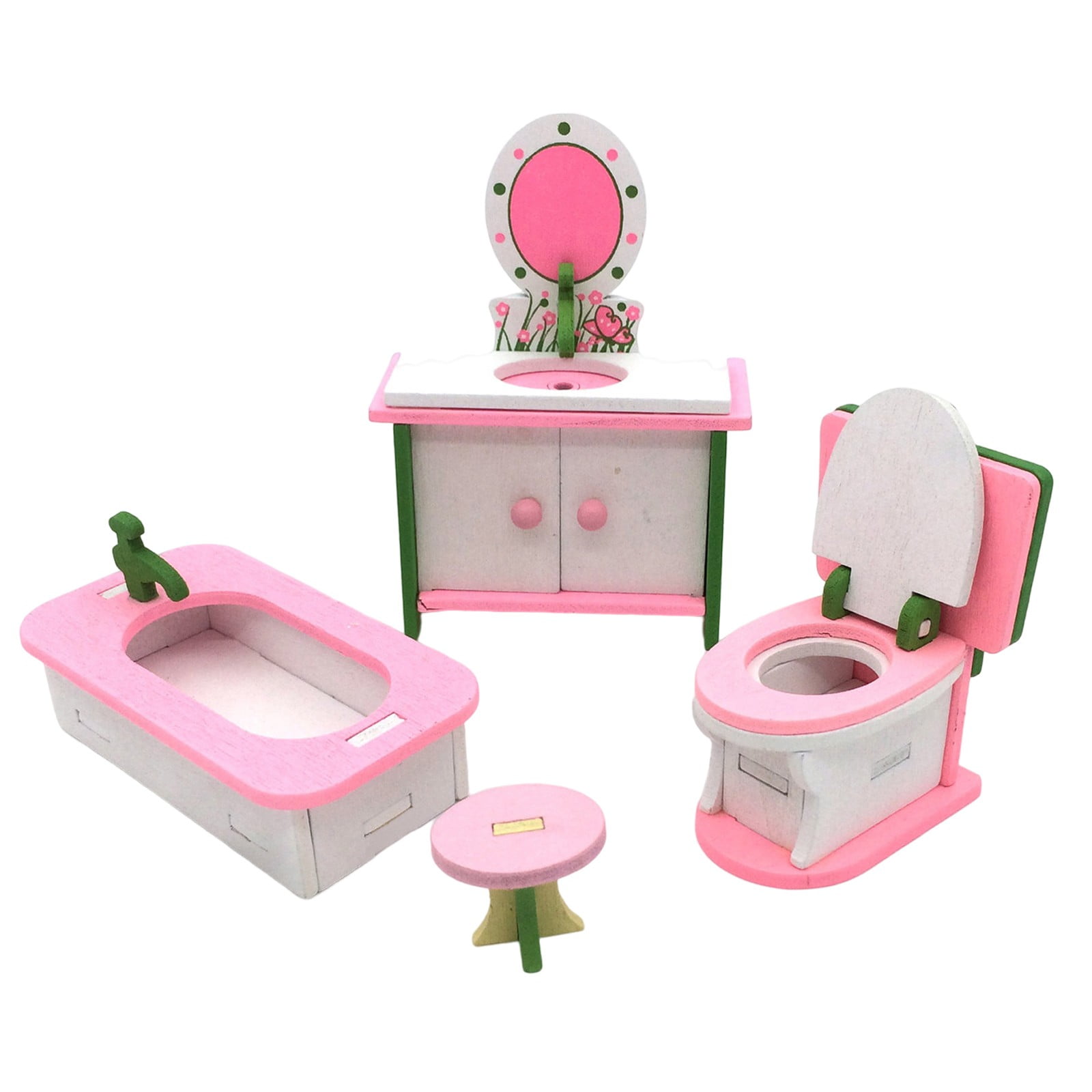 Wooden Dollhouse Miniature Bathroom Furniture Set for Kids Pretend Play ...