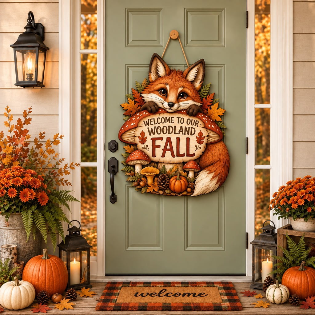 Wooden Door Hanger Woodland Fox Mushrooms Fall Front Entry Welcome Gift ...