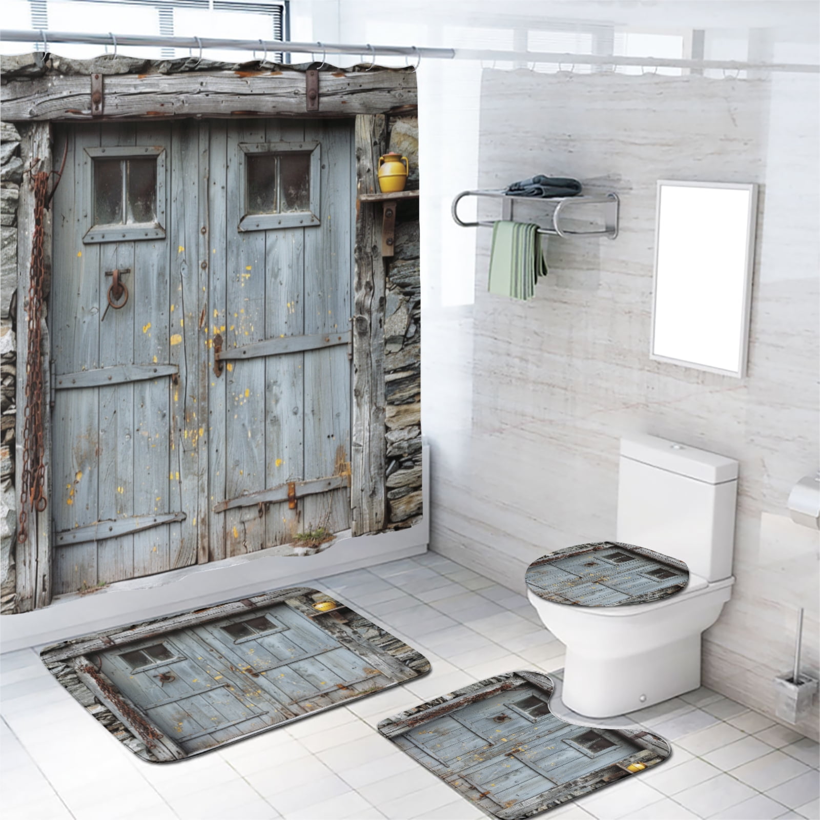 Wooden Door Shower Curtain Set with Rugs Rustic Western Farmhouse Old ...