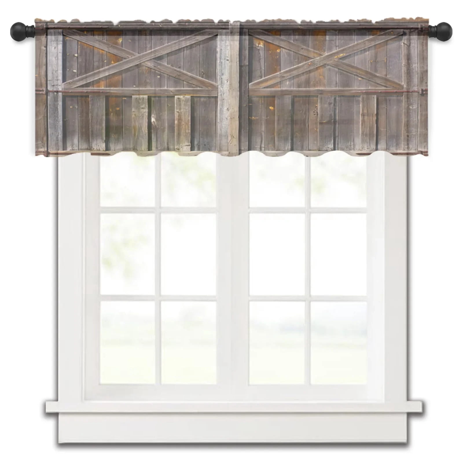 Wooden Door Tan Plank Wood Grain Nails Small Window Curtain Tulle Sheer ...