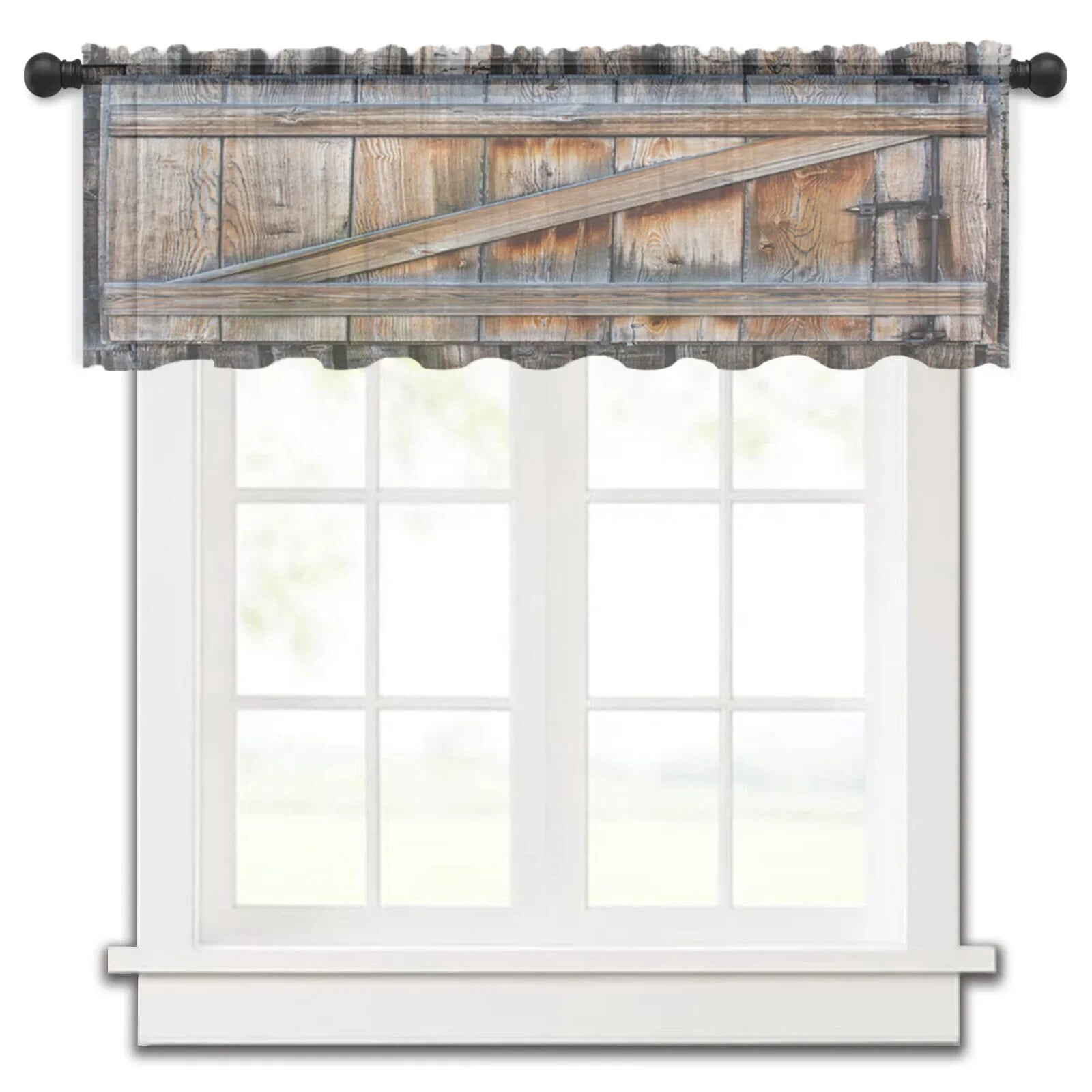 Wooden Door Tan Plank Wood Grain Nails Small Window Curtain Tulle Sheer ...